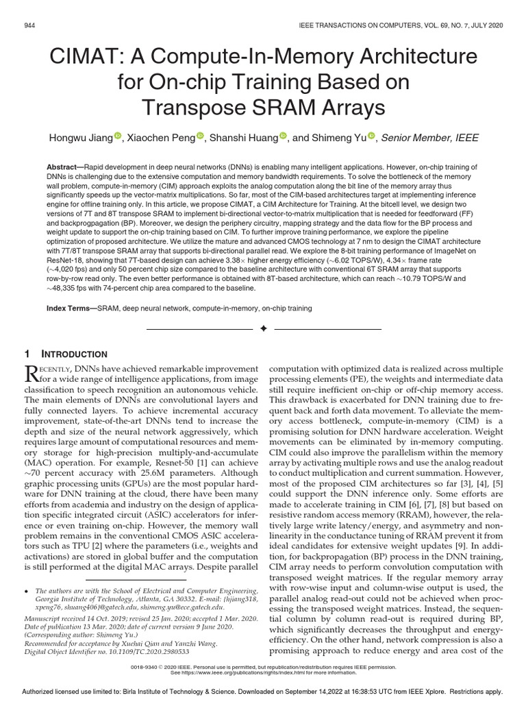 CIMAT A Compute-In-Memory Architecture For On-Chip Training Based On Transpose SRAM Arrays | PDF ...