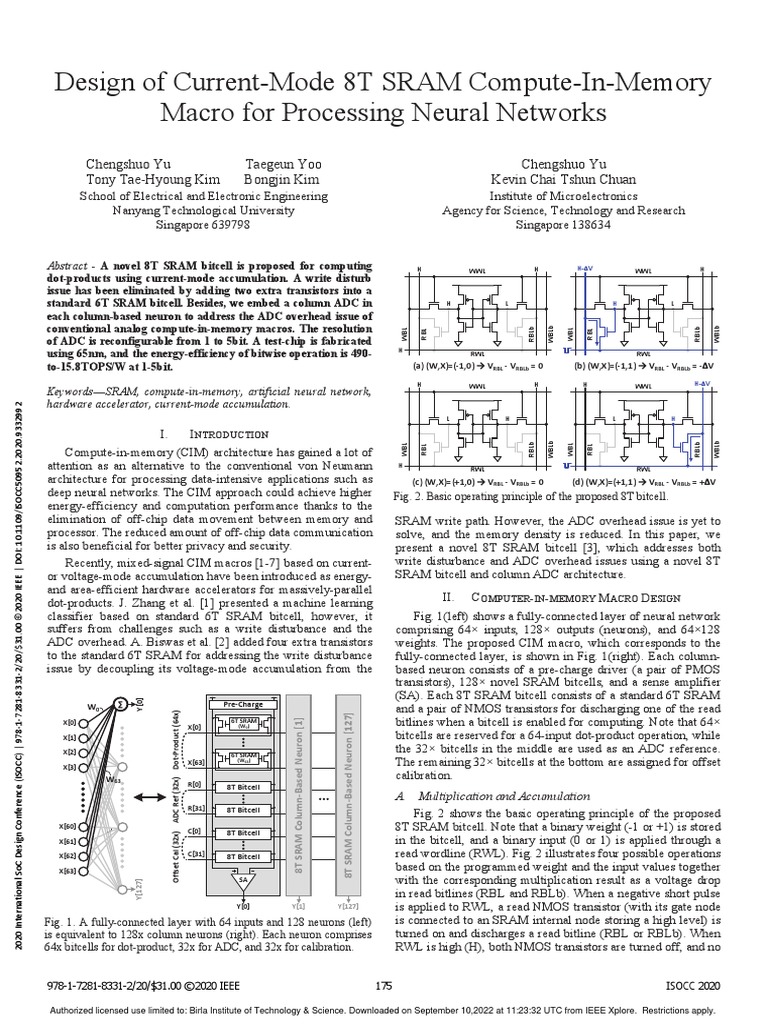 Design of Current-Mode 8T SRAM Compute-In-Memory Macro For Processing Neural Networks | PDF ...
