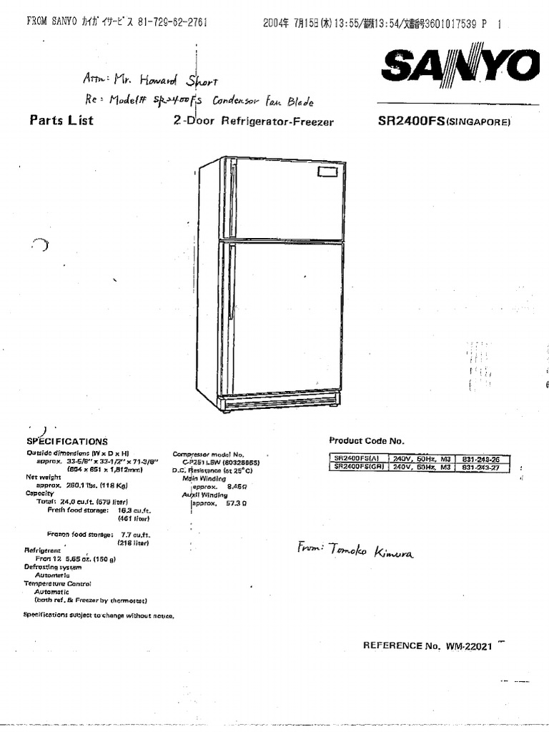 Sanyo sr-2400fs Refrigerator | PDF