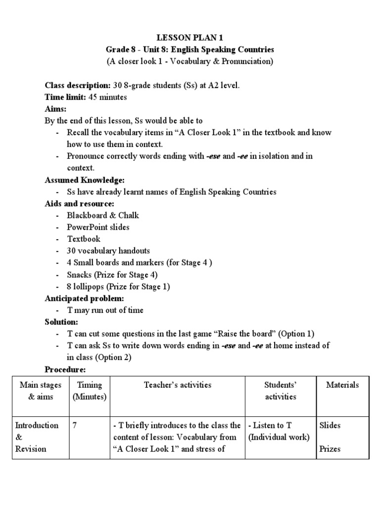Lesson Plan 1-ELT | PDF | Vocabulary | Stress (Linguistics)