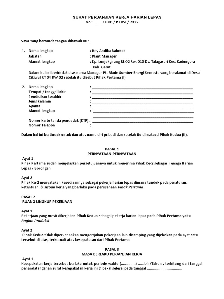 Surat Perjanjian Kerja Harian Lepas 2022 | PDF