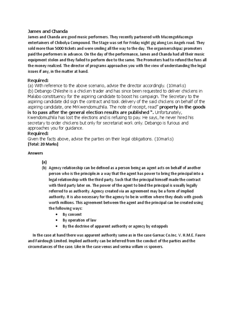 James and Chanda With Answers | PDF | Law Of Agency | Legal Concepts