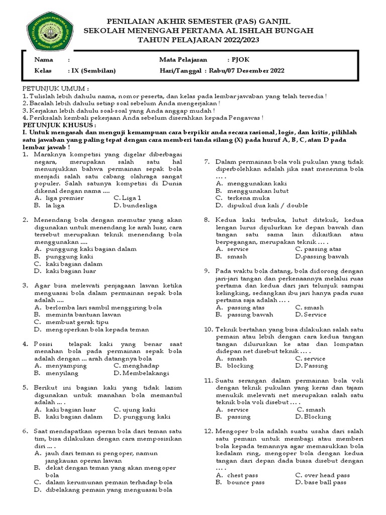 Soal Pas Pjok Kelas 9 SMT 1 | PDF