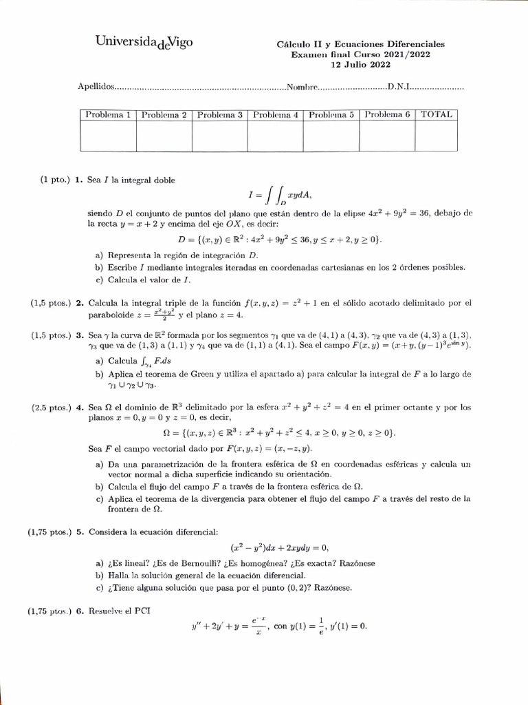 2021 - 2022 - Final - Julio - Calculo II | PDF | Integral | Ecuaciones