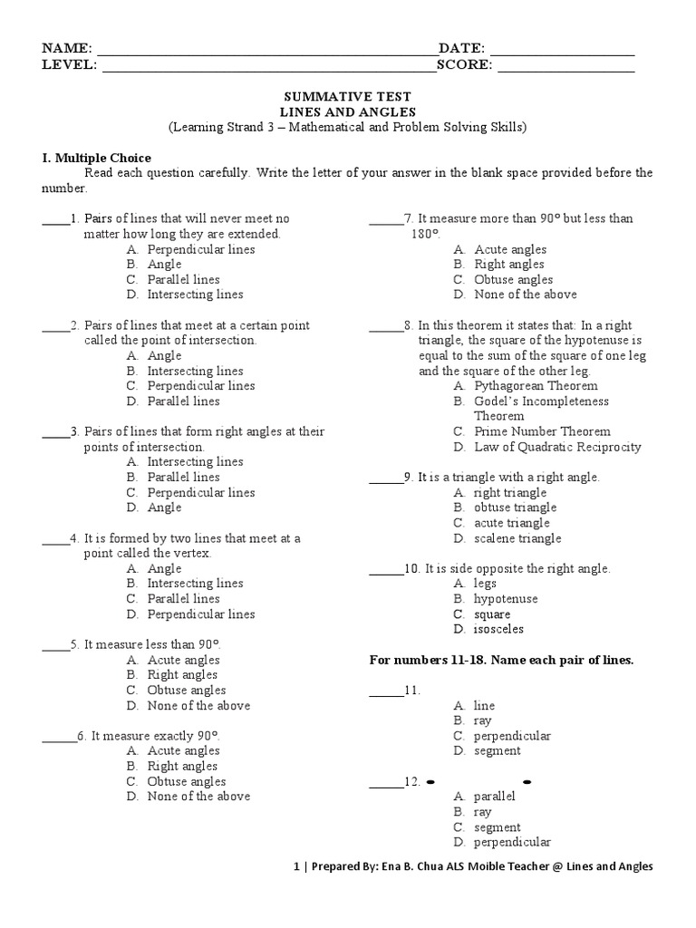 Lines and Angles Assessment Test | PDF | Triangle | Mathematics