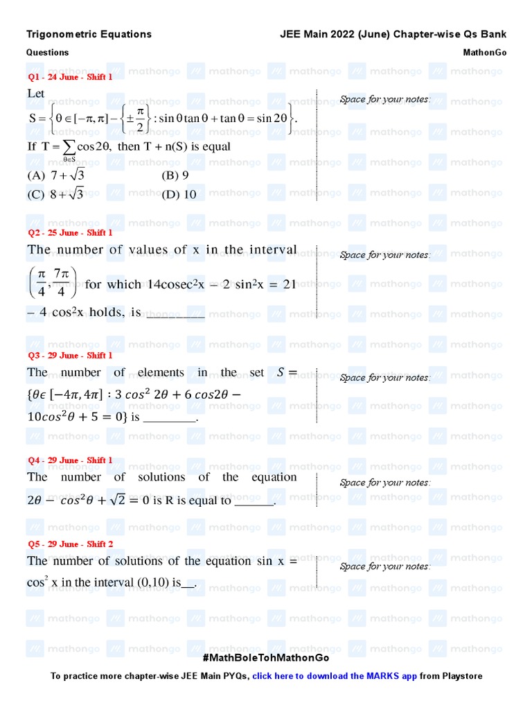 Trigonometric Equations - JEE Main 2022 Chapter Wise Questions by ...