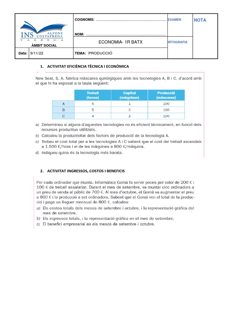 1R BATX ECONOMIA Activitats de Repàs Costos de Lempresa | PDF