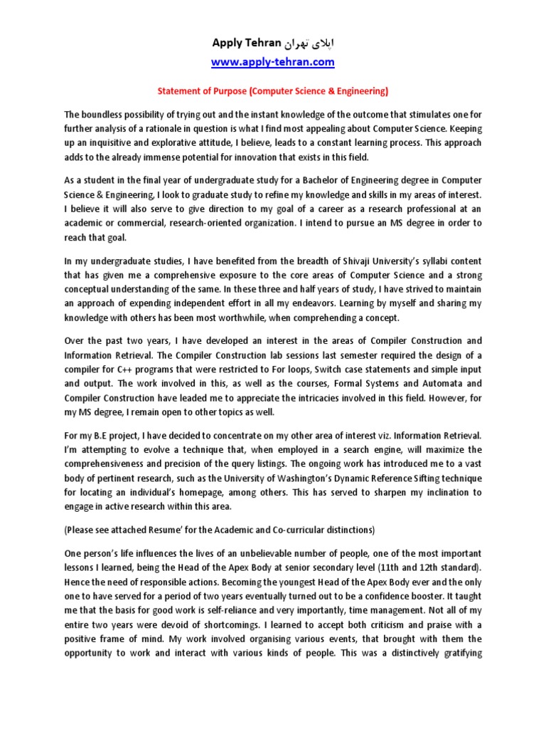 Sample SOP Computer Science Engineering WWW - Apply | PDF | Science | Undergraduate Education