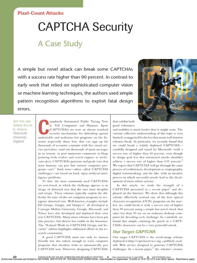 CAPTCHA Security A Case Study | PDF | Image Segmentation | Computing