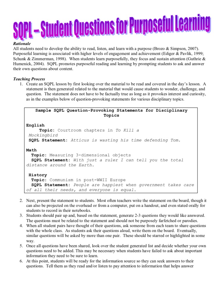 SQPL - Student Questions For Purposeful Learning | PDF