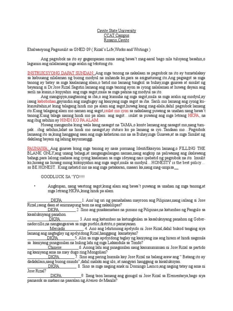 Clarie Jane Palustre - Ebalwasyong Pagsusulit Sa GNED 09 | PDF