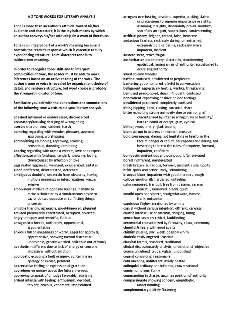 Literary Tone Words A-Z Guide | PDF | Psychology | Emotions