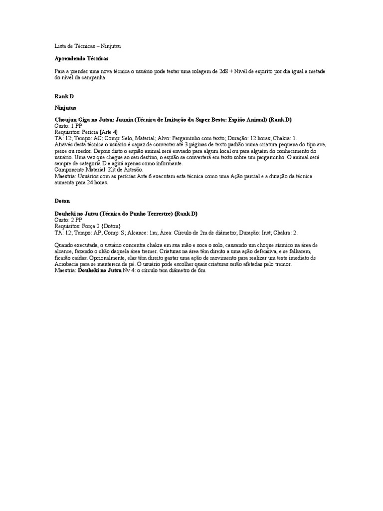 Lista de Técnicas - Shinobi No Sho | PDF