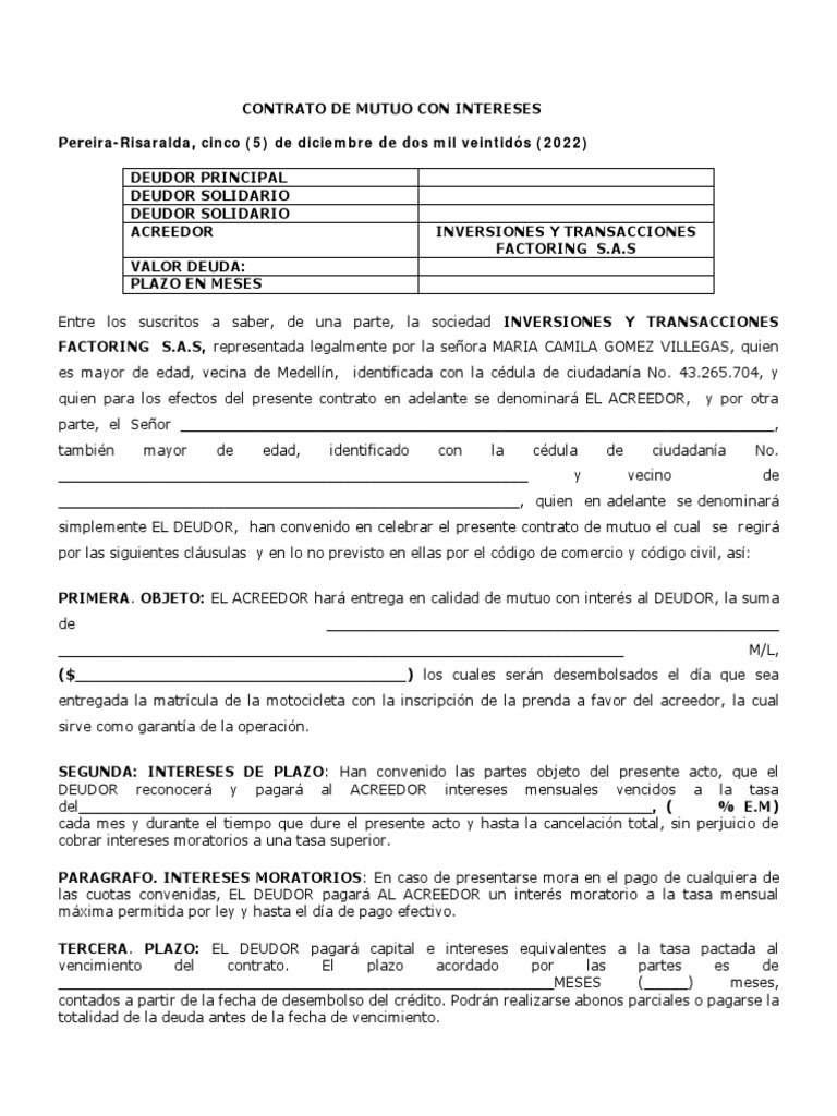 Contrato de Mutuo con Intereses | PDF | Pagos | Crédito