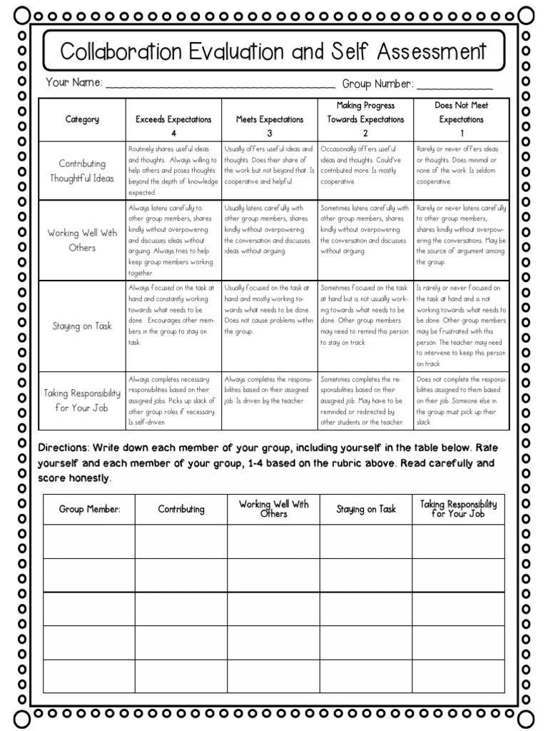 Collaboration Evaluation and Self Assessment: Your Name: - Group Number ...