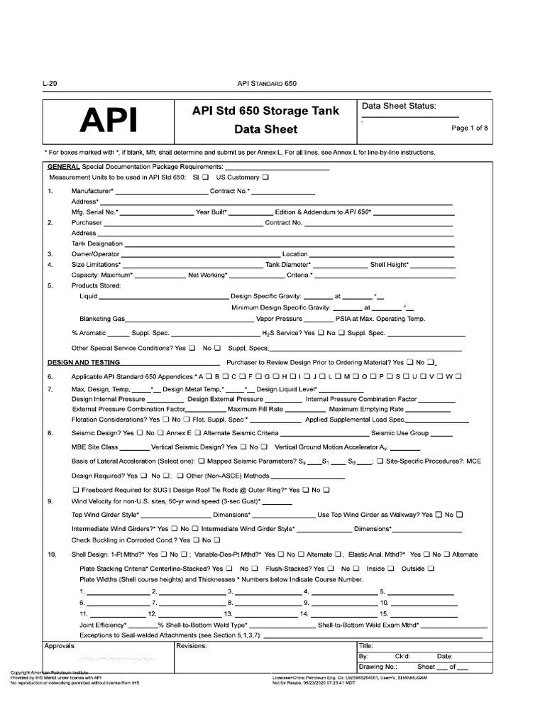 API 650 Tank Annex L - Data Sheet | PDF