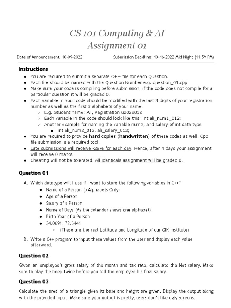 Assignment 01 - CS-101 | PDF | Computer Program | Programming Assignment 01 - CS-101 | PDF | Computer Program | Programming