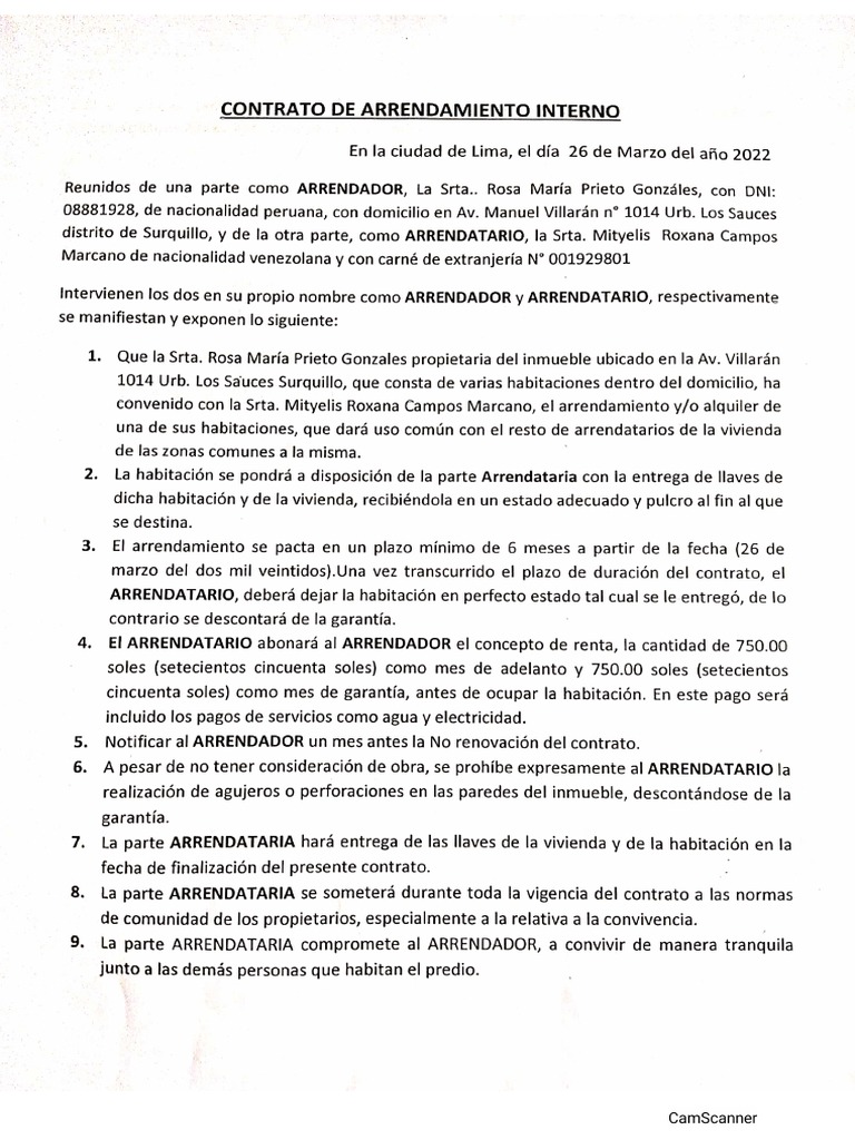 Contrato de Alquiler Av. Villarán 722 | PDF