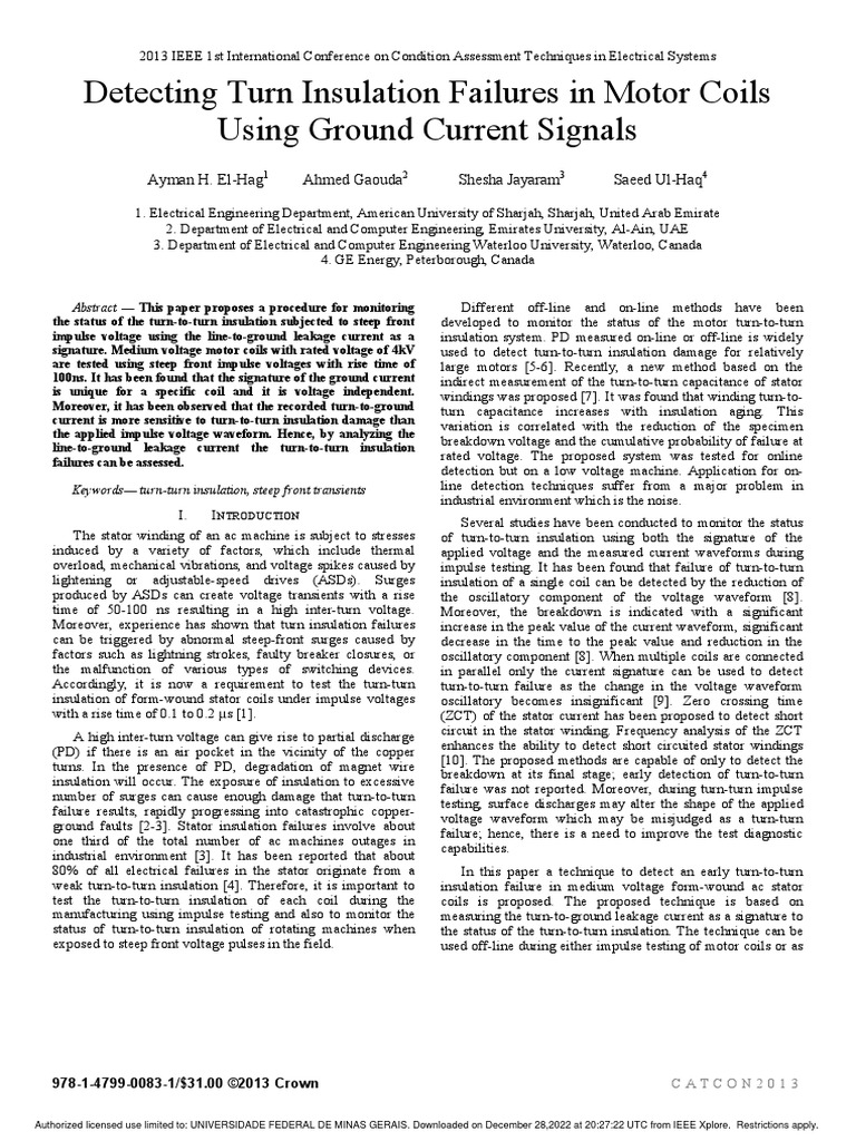 Detecting Turn Insulation Failures in Motor Coils Using Ground Current Signals | PDF | Insulator ...