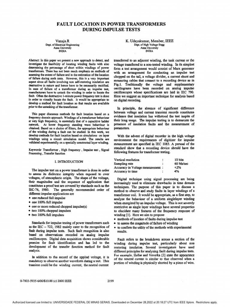 Fault Location In Power Transformers During Impulse Tests Pdf Transformer Inductor