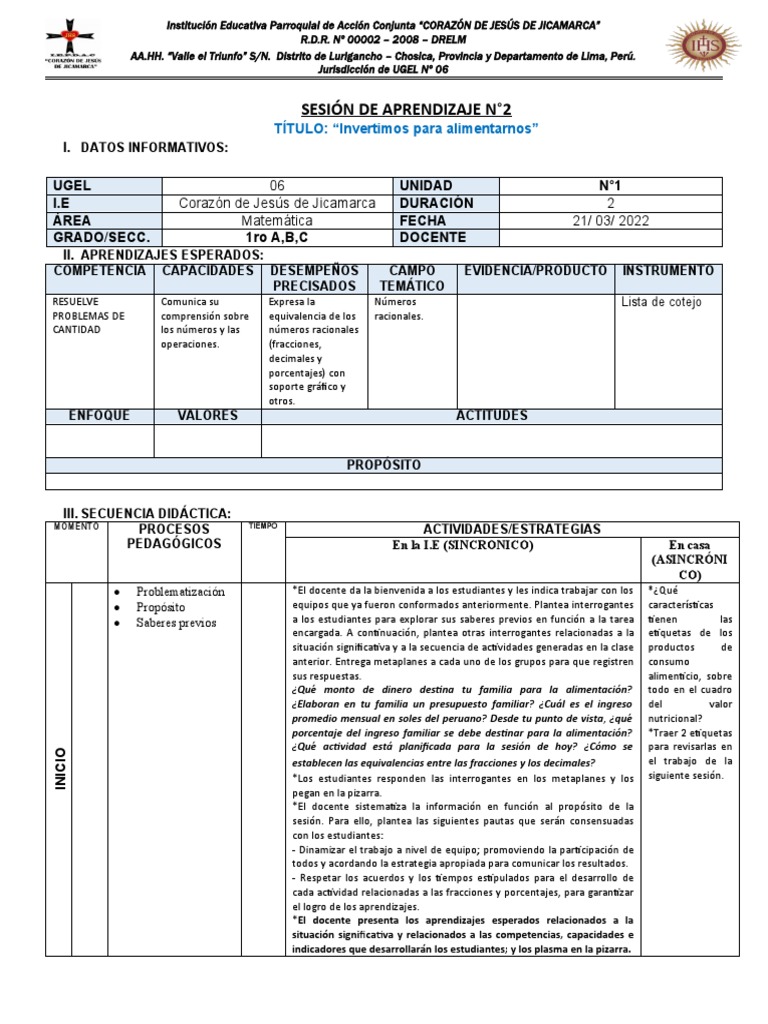 Sesión de Aprendizaje N°2 - 2022 | PDF | Evaluación | Número racional