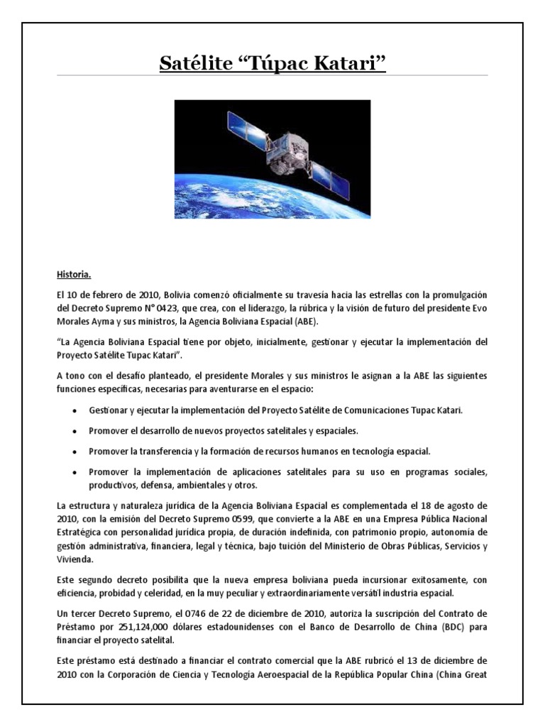 Satélite Túpac Katari: Historia y Beneficios | PDF | Televisión via satélite | Satélite