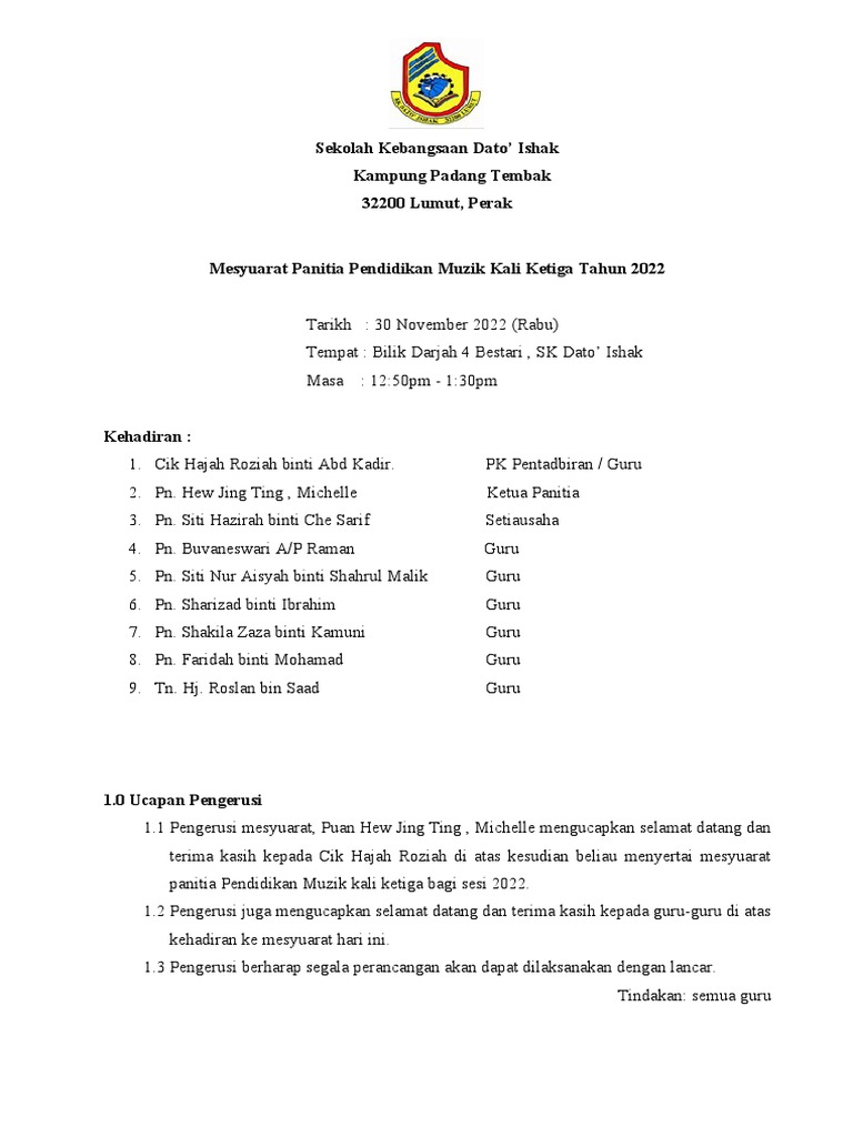 MINIT MESYUARAT PANITIA BIL 3 2022 Muzik | PDF
