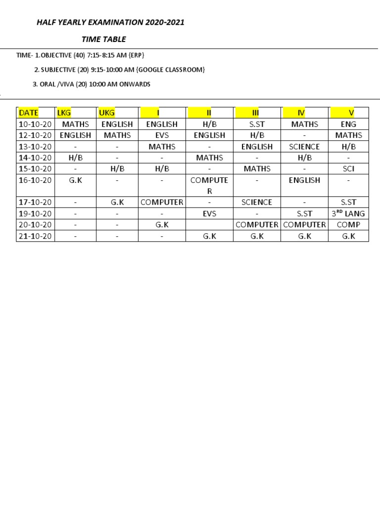 Time Table (LKG-V) | PDF