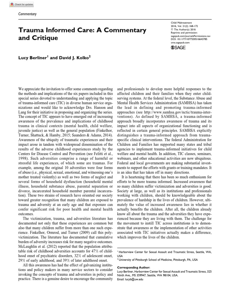 Trauma Informed Care: A Commentary and Critique: Lucy Berliner and ...