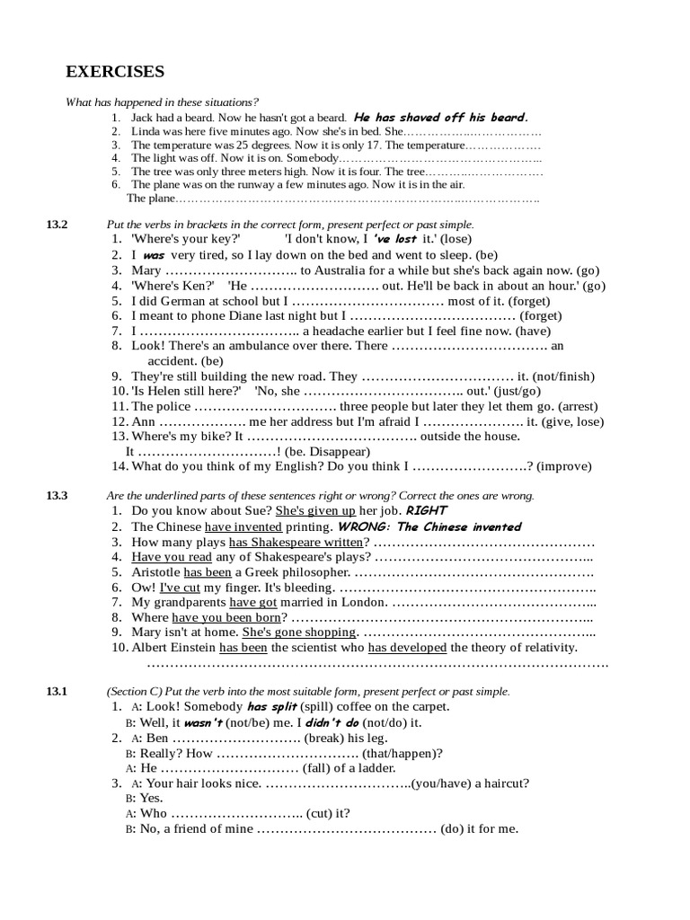 Present Perfect vs. Simple Past - EXERCISES | PDF | Linguistics