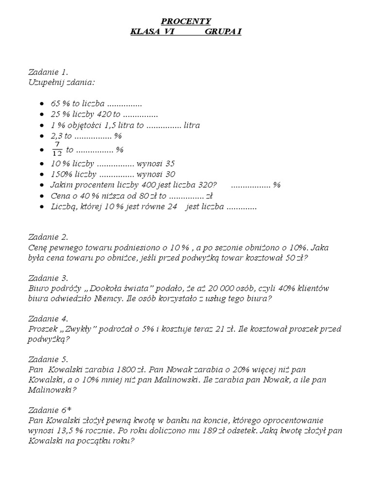 PROCENTY - KL 6. Sprawdzian | PDF