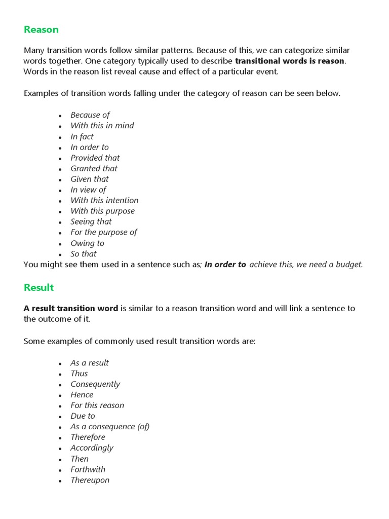 Transition Words | PDF | Reason | Phrase