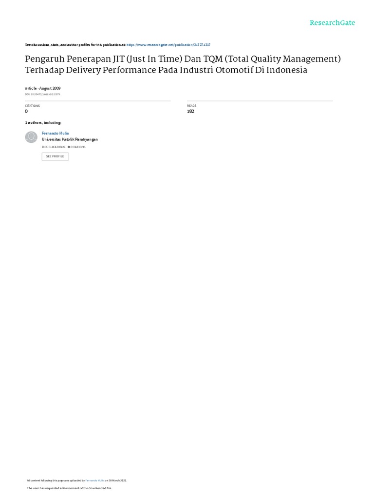 Pengaruh Penerapan JIT Just in Time Dan TQM Total | PDF | Lean Manufacturing | Sampling (Statistics)