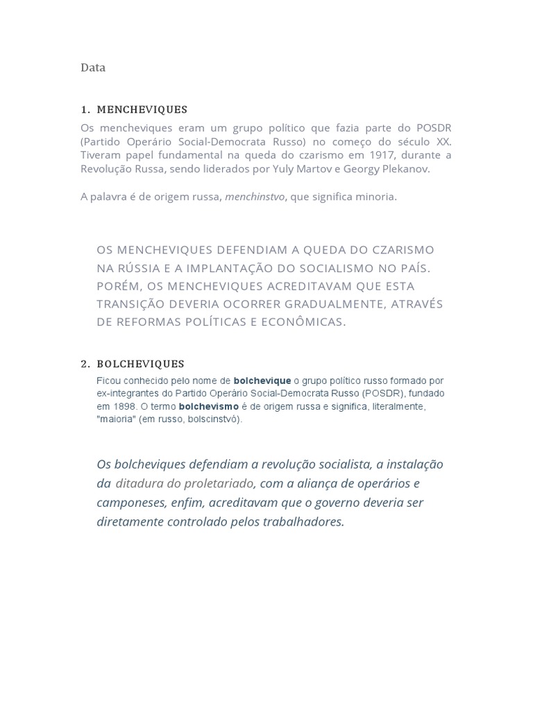 Mencheviques e Bolcheviques: Diferenças | PDF | Política