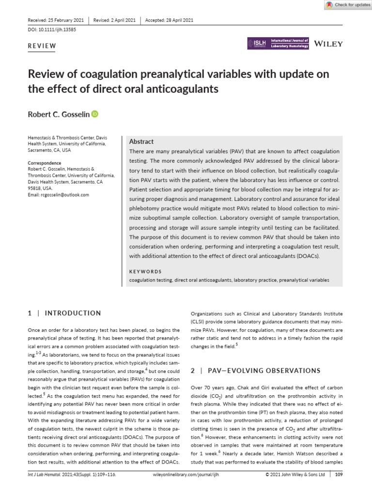 Int J Lab Hematology - 2021 - Gosselin - Review of Coagulation Preanalytical Variables With ...