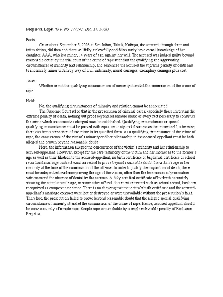 People Vs Lopit Case Digest | PDF | Reasonable Doubt | Crimes