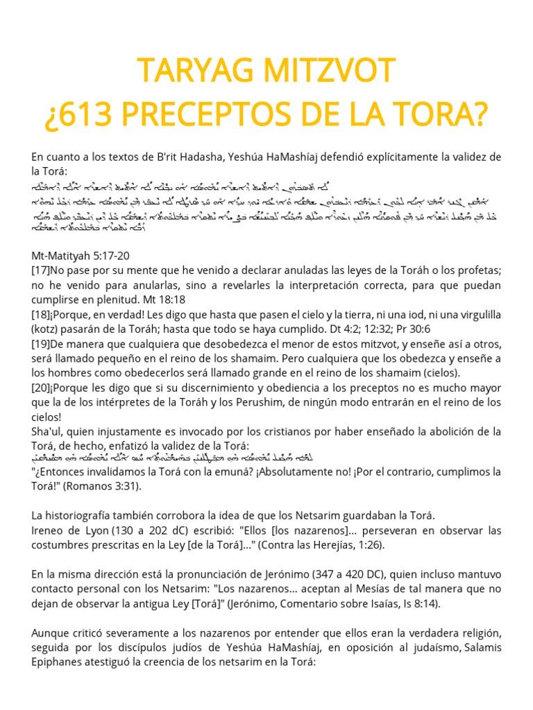 Taryag Mitzvot - 613 Preceptos de La Tora | PDF | Halakha | Diez Mandamientos