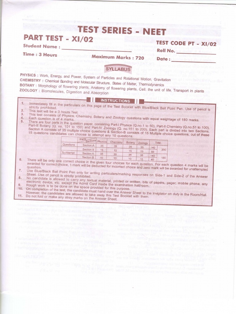Part Test - XI 02 QP | PDF