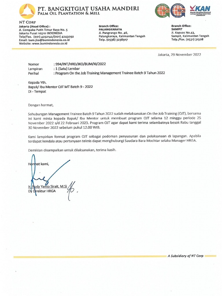 994 Program On The Job Training Management Trainee Batch 9 Tahun 2022 | PDF