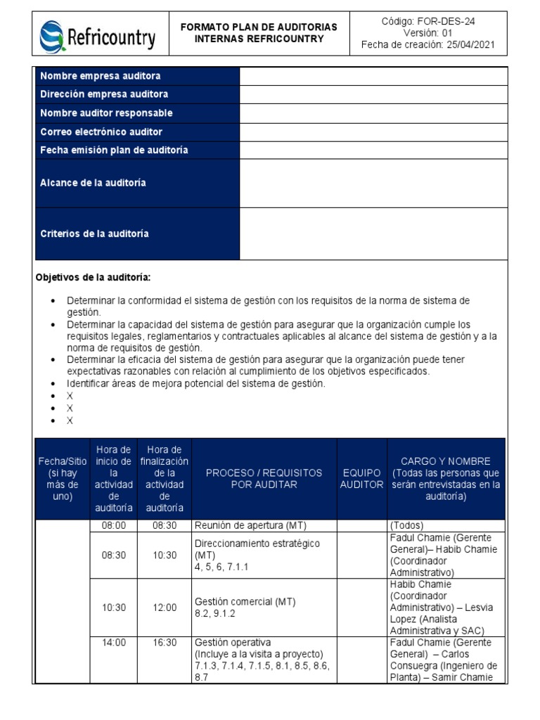 (for-DeS-03) Formato Plan de Auditorias Internas | PDF | Auditoría | Contralor