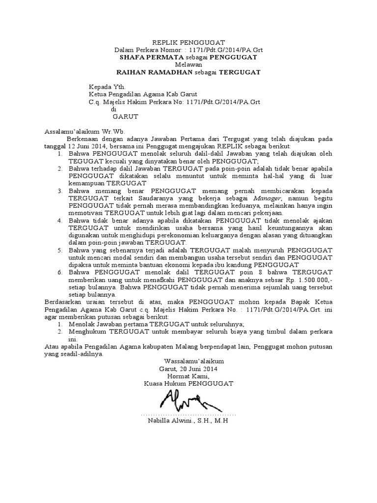 Replik Penggugat | PDF | Hukum