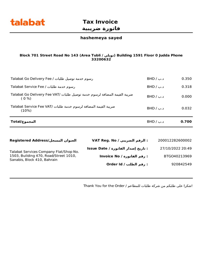 Talabat Bahrain Tax Invoice Details | PDF