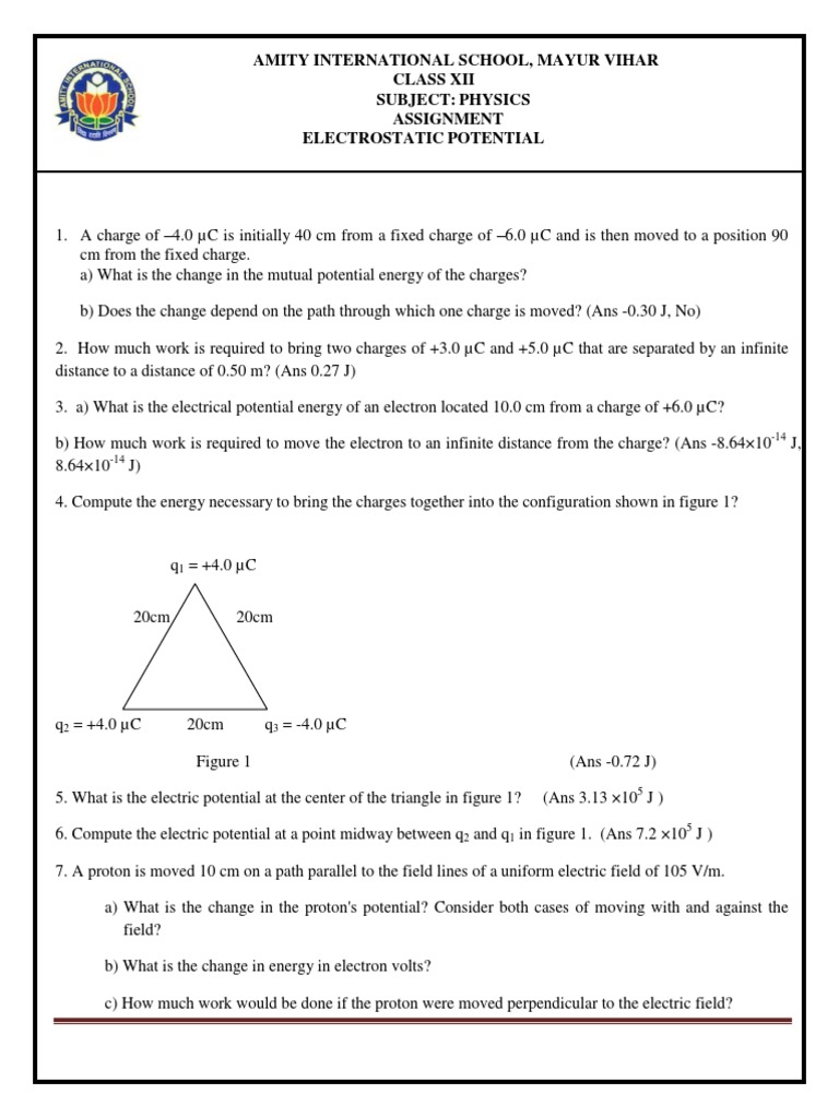 Assignment On Electrostatic Potential | Download Free PDF | Electron | Voltage