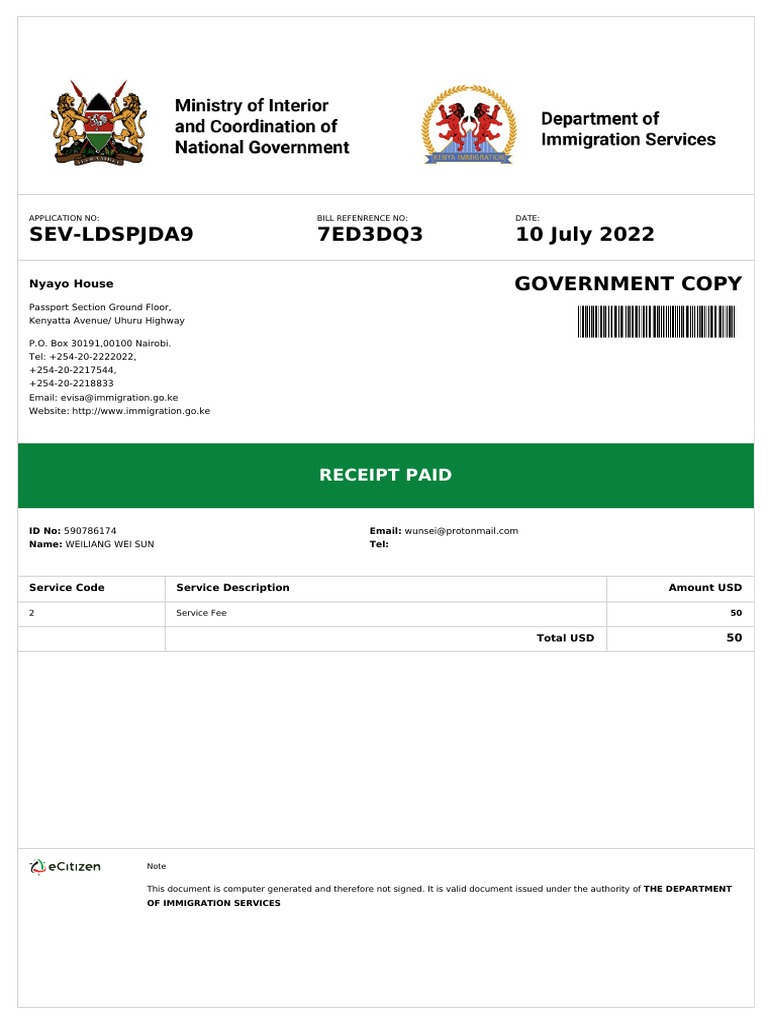 Kenya Visa Receipt | PDF | Nairobi | Cultural Globalization