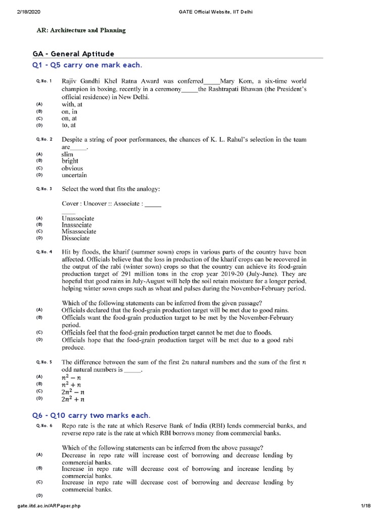Sample GATE Examination Questions for Architecture and Planning | PDF