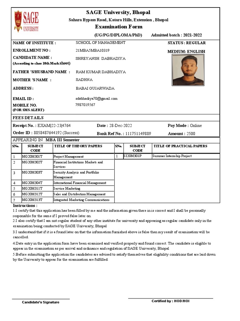 SAGE University, Bhopal Examination Form | PDF