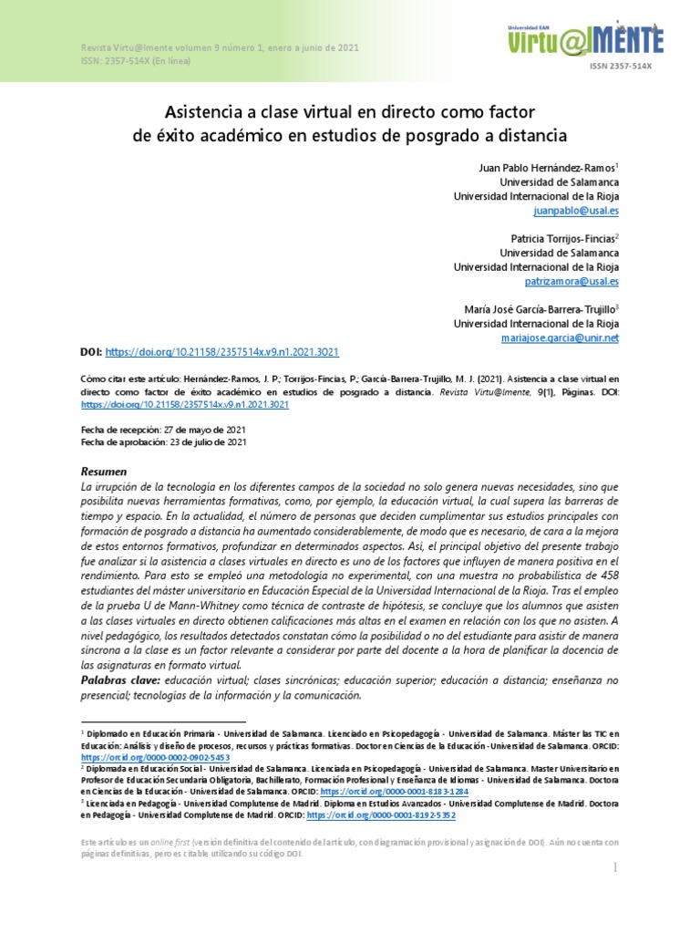Asistencia a clase virtual en directo como factor de éxito académico ...