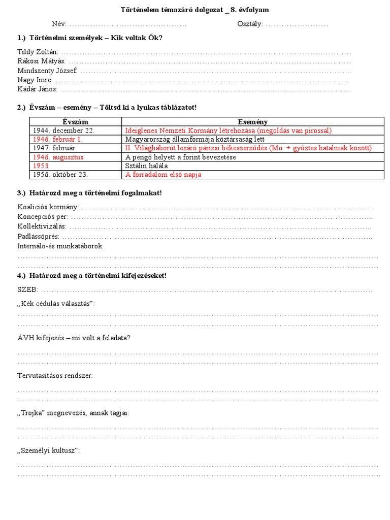 Történelem Témazáró Dolgozat, Rákosi | PDF