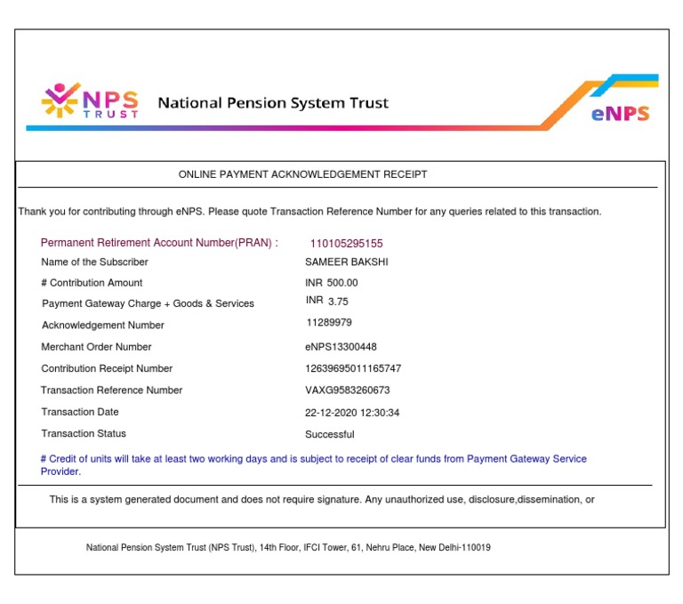 Permanent Retirement Account Number (PRAN) : 110105295155 | PDF