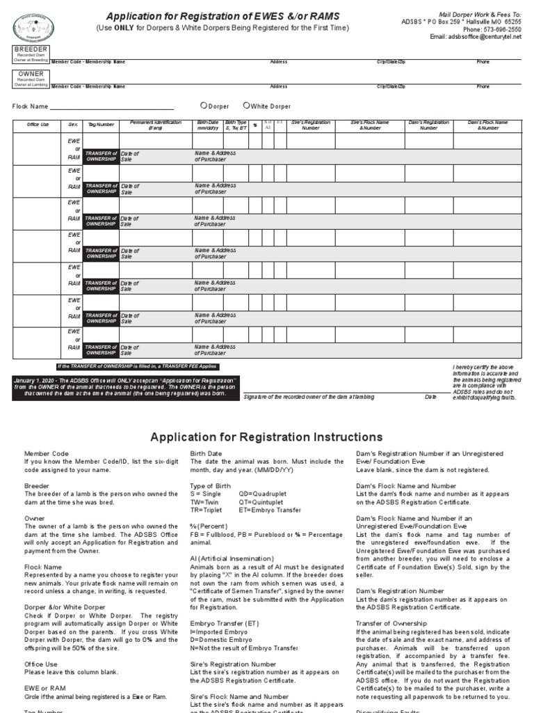 Application For Registration of Ewes Rams FILLABLE | PDF | Sheep ...